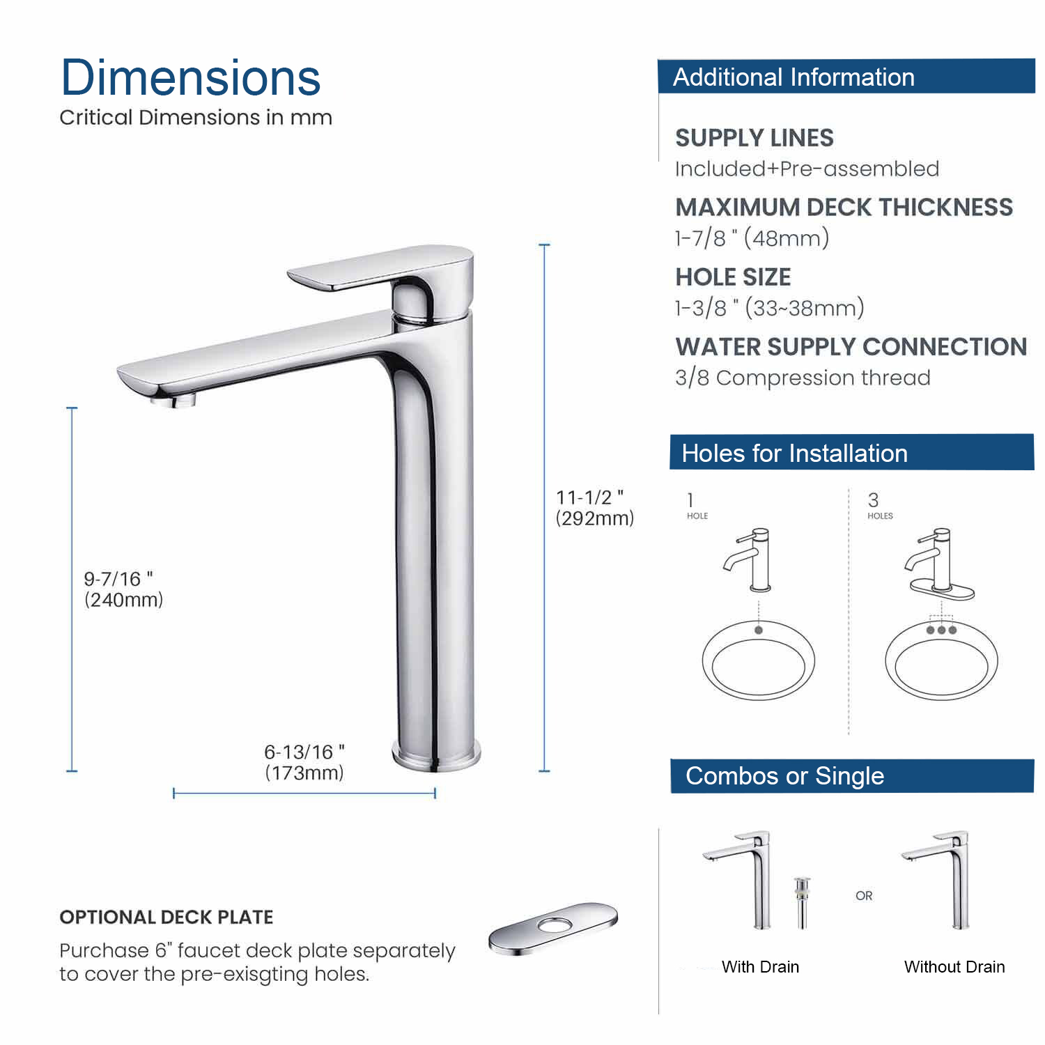 Tall cUPC Brass Basin Faucet Single Handle One Hole Chrome Bathroom ...